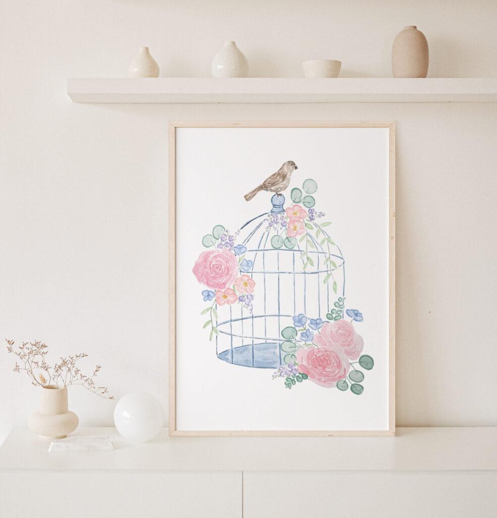 Floral Bird Cage Art Print - White Clover Paper Co.